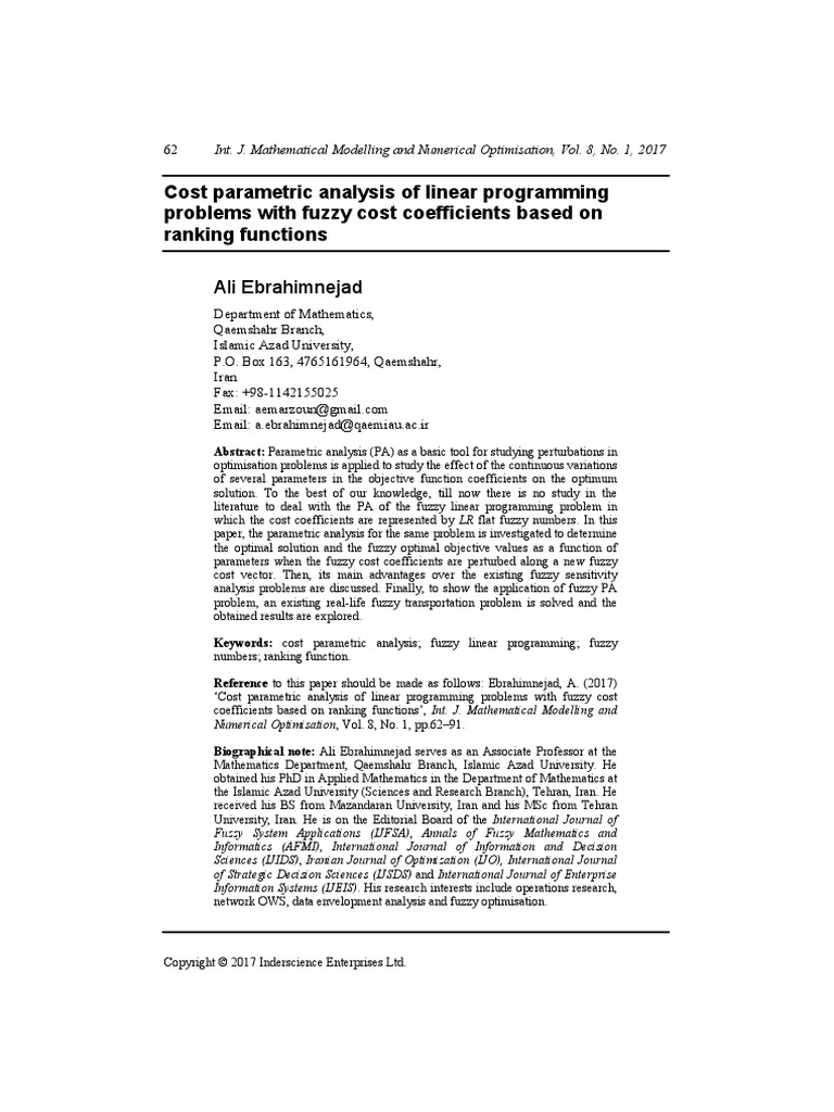 Cost Parametric Analysis of Linear Programming Problems With Fuzzy Cost ...