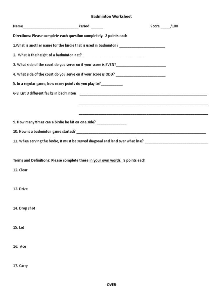 Badminton Worksheet and Answer Key | PDF