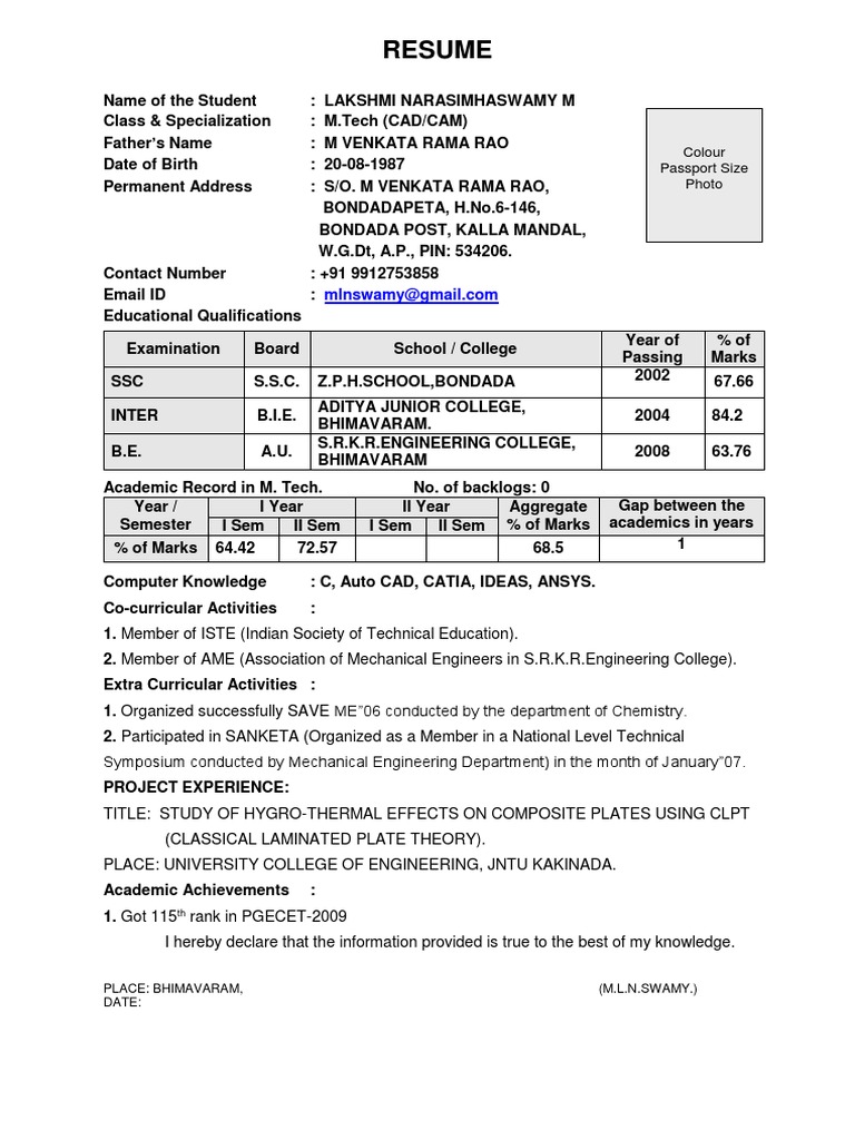 Resume: Colour Passport Size Photo | PDF | Academia | Science And ...