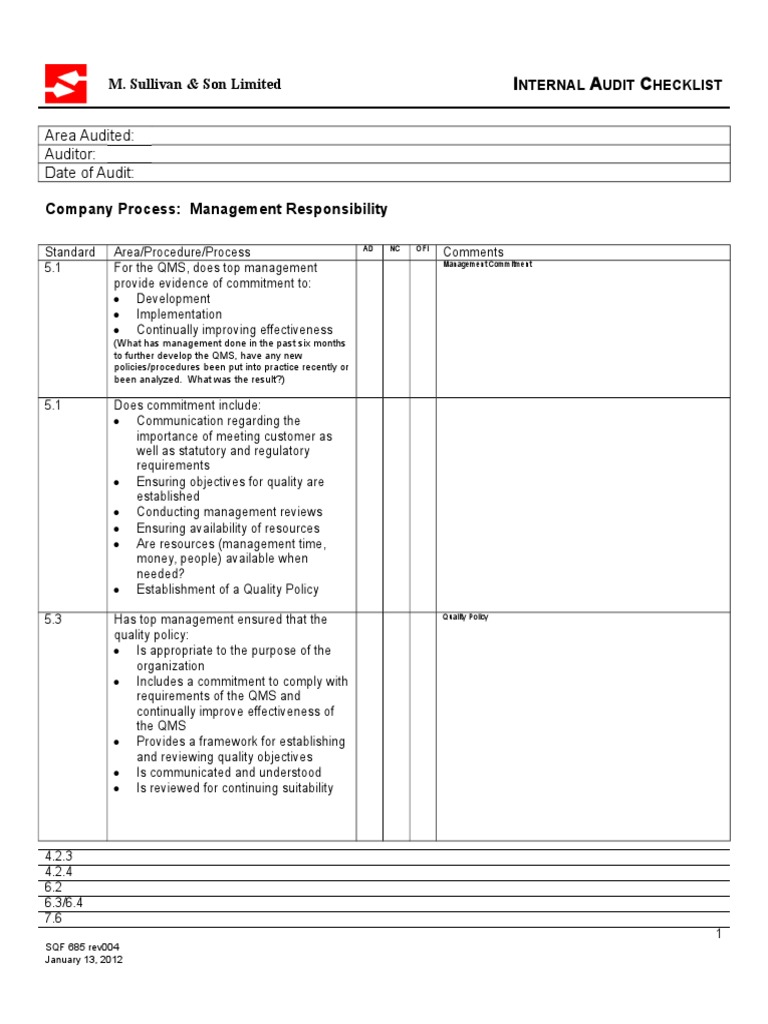 VV Internal Audit Checklist Management Responsibility | PDF | Quality ...
