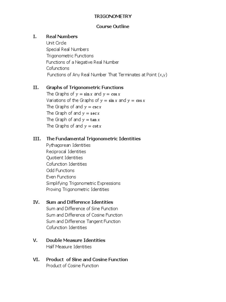 Trigonometry Course Outline I. Real Numbers | PDF