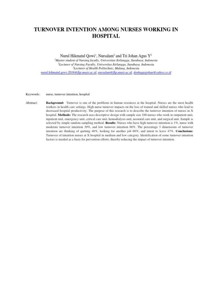 Turnover Intention Among Nurses Working in Hospital: Nurul Hikmatul ...