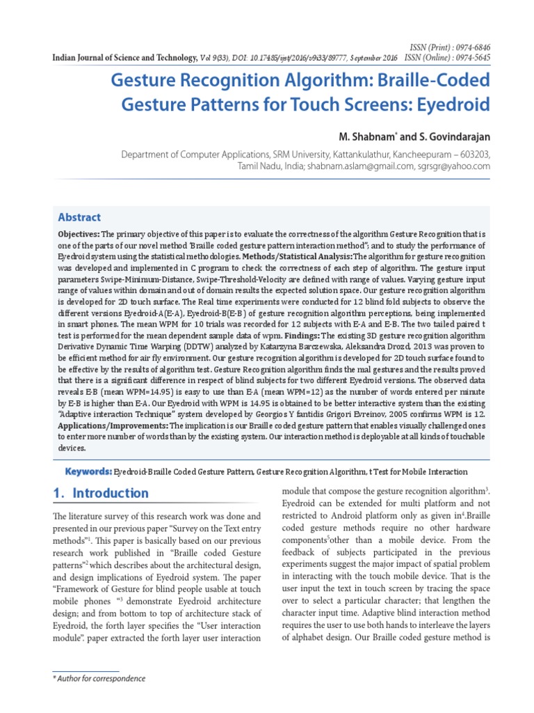 Gesture Recognition Algorithm: Braille-Coded Gesture Patterns For Touch ...