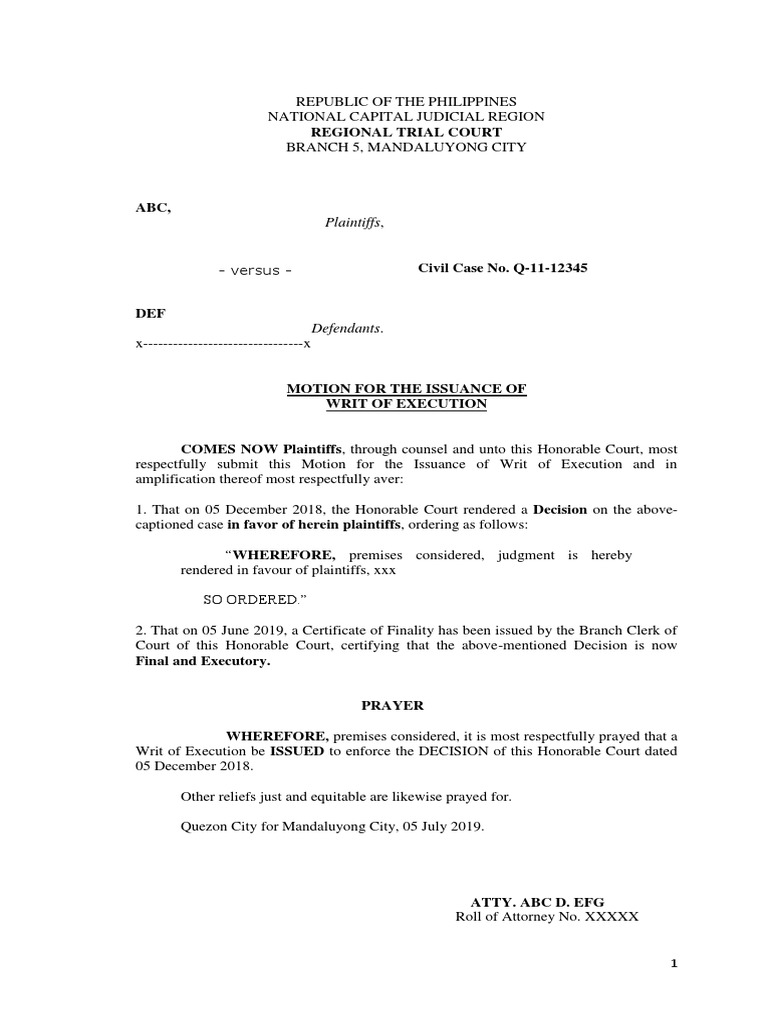 Sample Motion For Execution | PDF | Judgment (Law) | Judiciaries