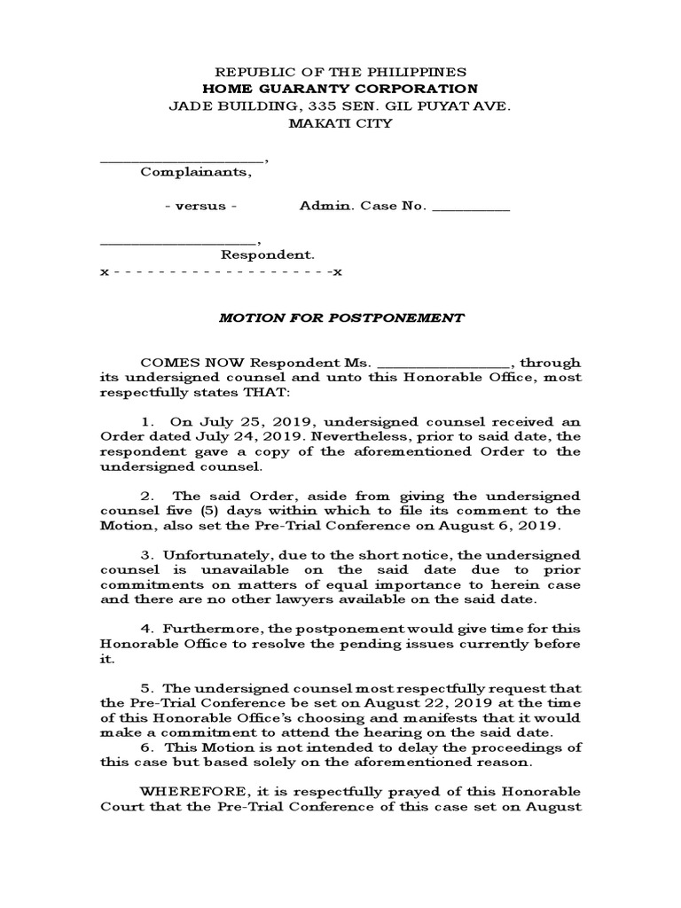 Motion For Postponement Template | PDF | Courts | Government Information