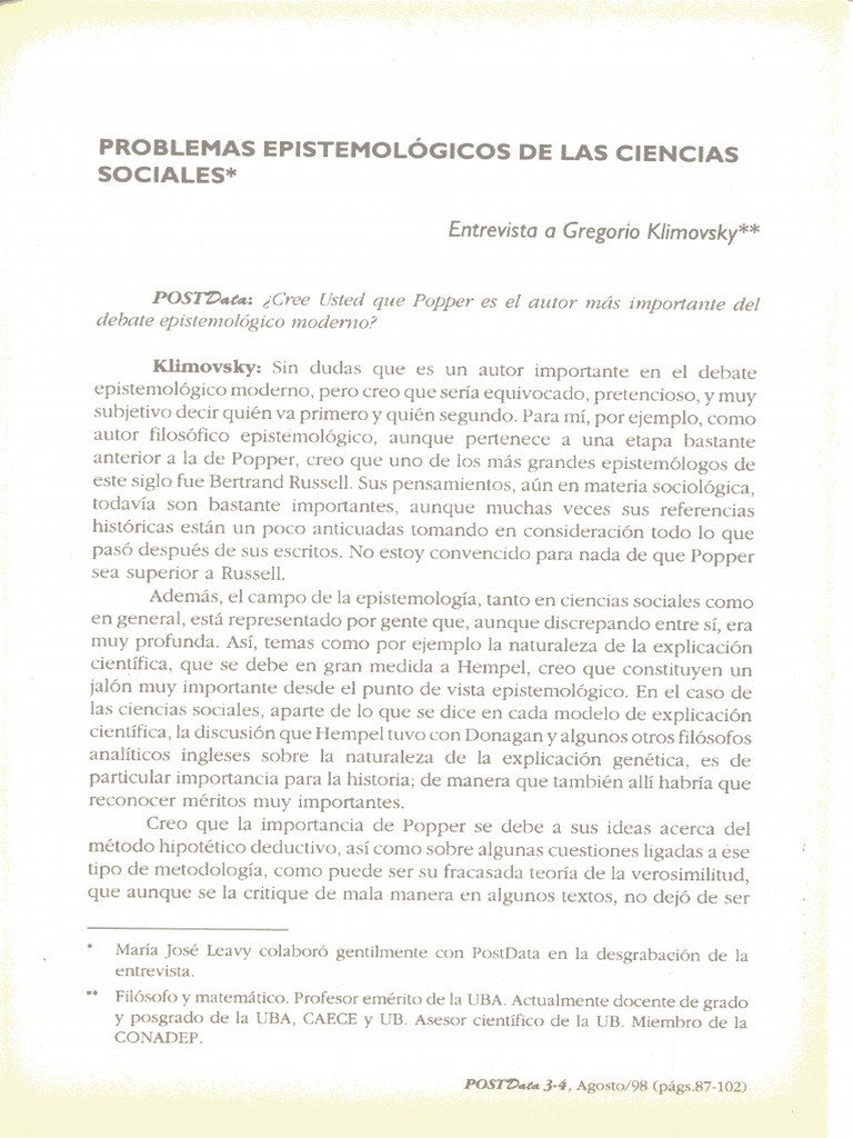 Entrevista A Gregorio Klimovsky Sobre La Epistemología de Las Ciencias Sociales | PDF