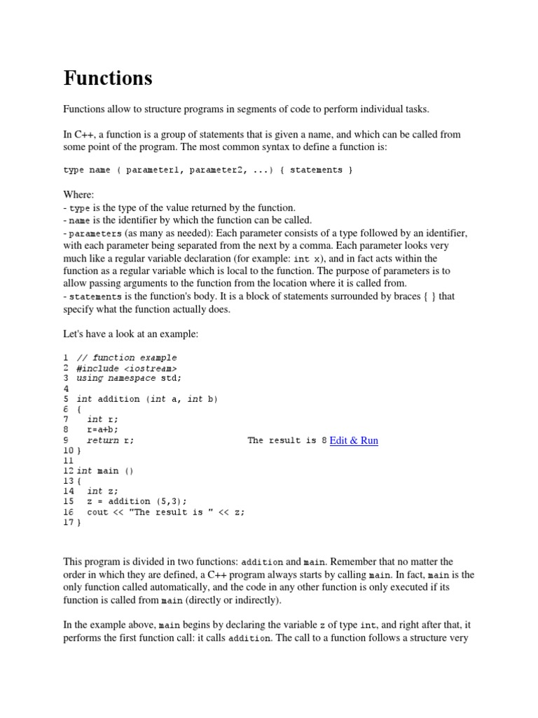 Functions Function Example Include Using Namespace Std Int Addition Int A Int B Pdf 