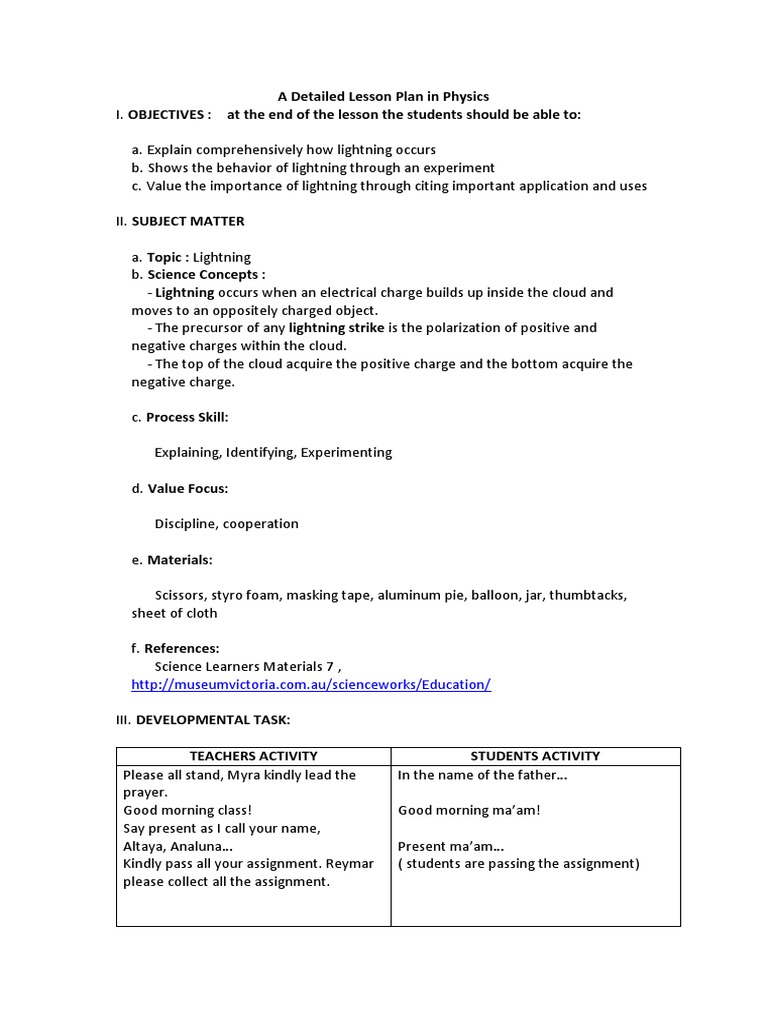 A Detailed Lesson Plan in Physics | PDF | Lightning | Electric Charge