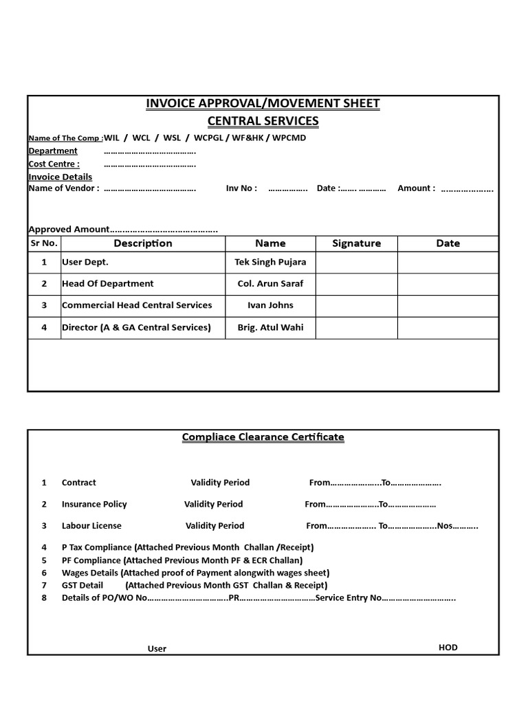 Invoice Approval/Movement Sheet Central Services: Description Name ...