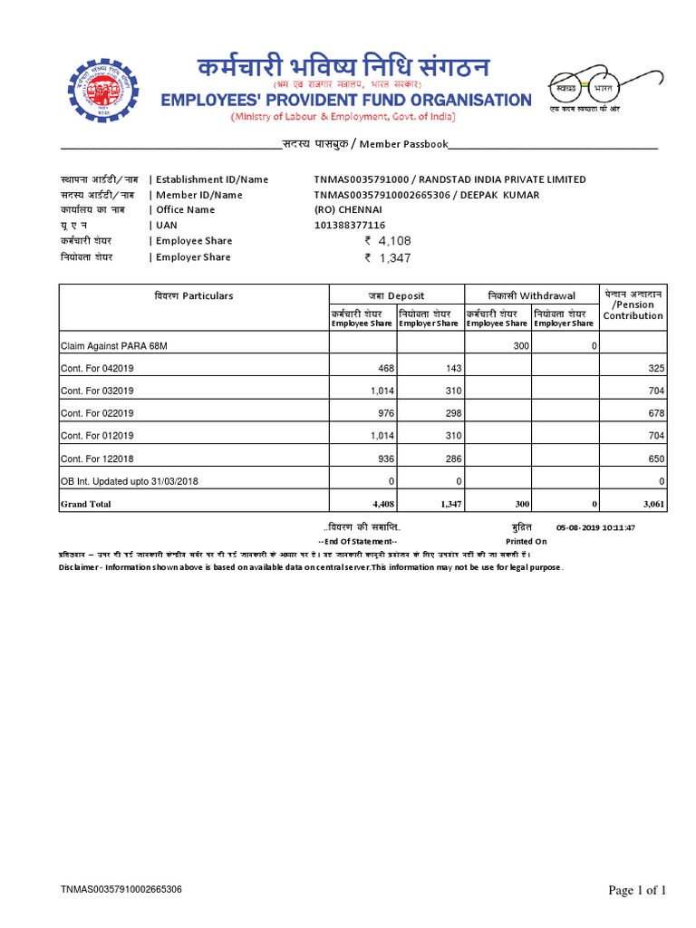 EPF Contribution Statement for Deepak Kumar | PDF