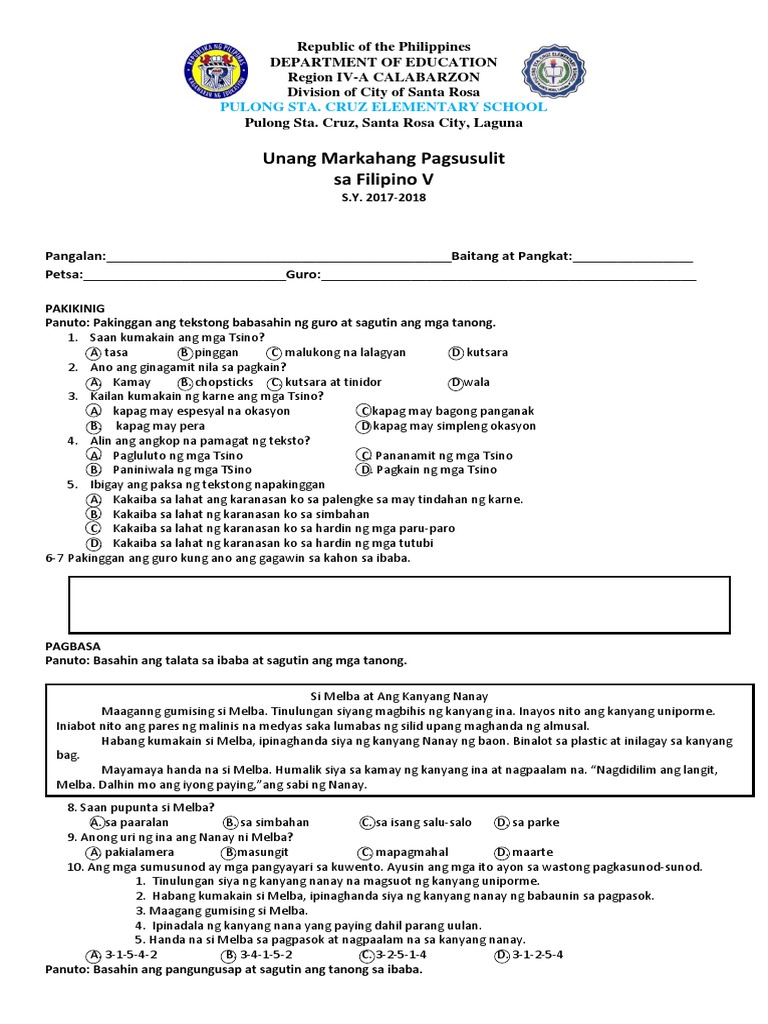 Grade 5 First Periodical Test in Filipino | PDF