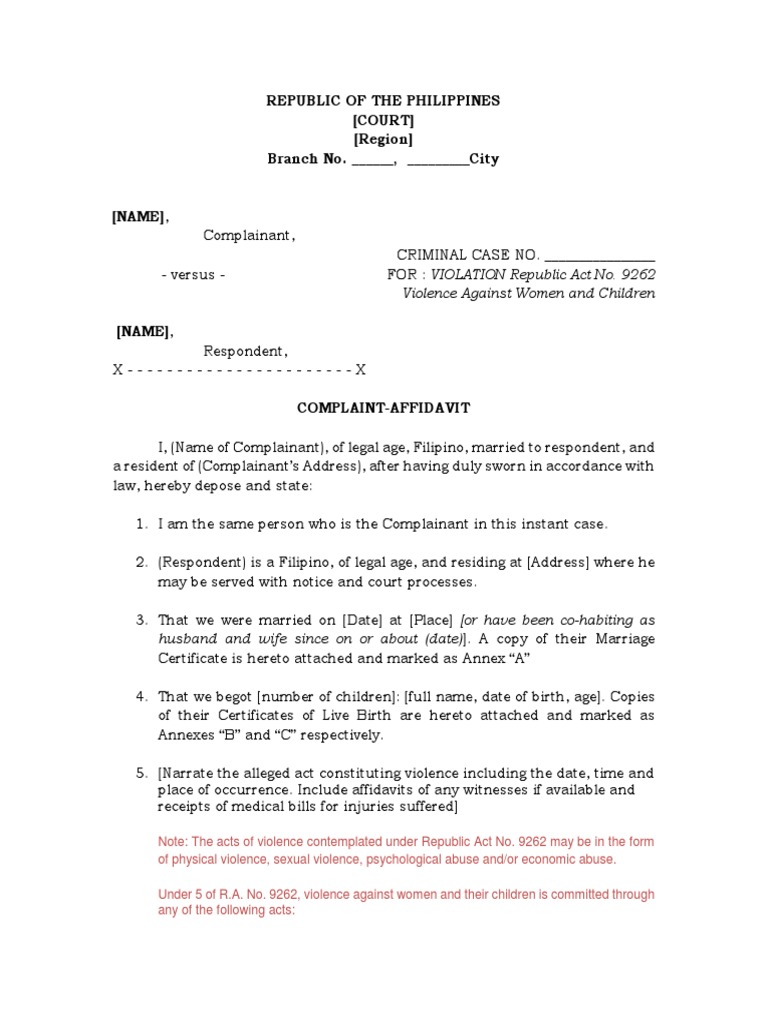 Sample Criminal Complaint For Violation of RA 9262 | PDF | Family ...