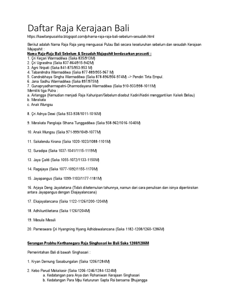 Daftar Raja Kerajaan Bali | PDF | Sejarah