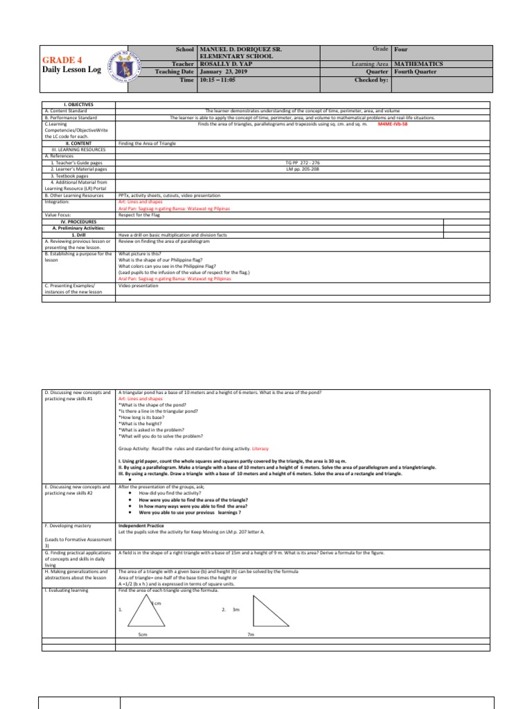 Grade 4 Math Cot | PDF | Area | Triangle