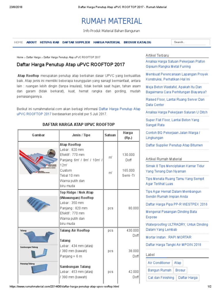 Daftar Harga Penutup Atap UPVC ROOFTOP 2017 - Rumah Material | PDF