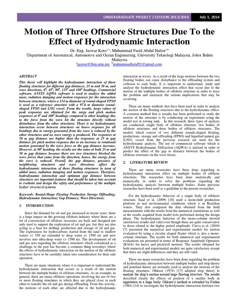 Motion of Three Offshore Structures Due To The Effect of Hydrodynamic ...