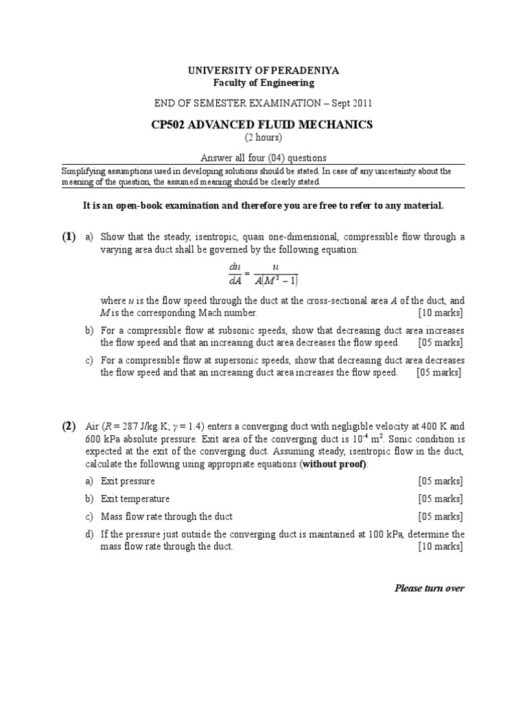 Cp502 Advanced Fluid Mechanics: University of Peradeniya Faculty of ...
