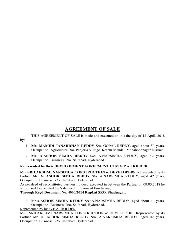 Agreement of Sale Deed | PDF | Deed | Law And Economics