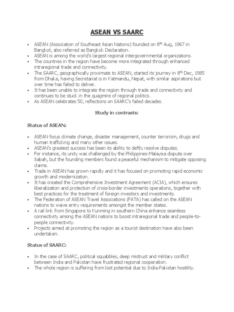 ASEAN Vs SAARC | PDF | Association Of Southeast Asian Nations | Foreign ...