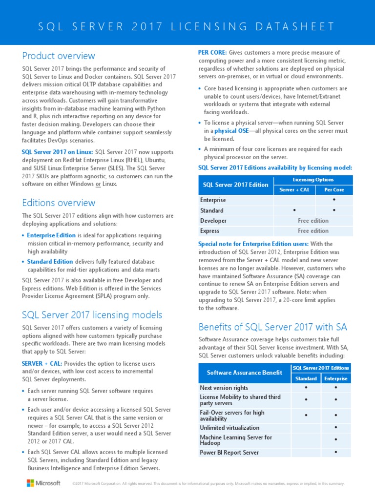 SQL Server 2017 Licensing Datasheet: Product Overview | PDF | Microsoft ...