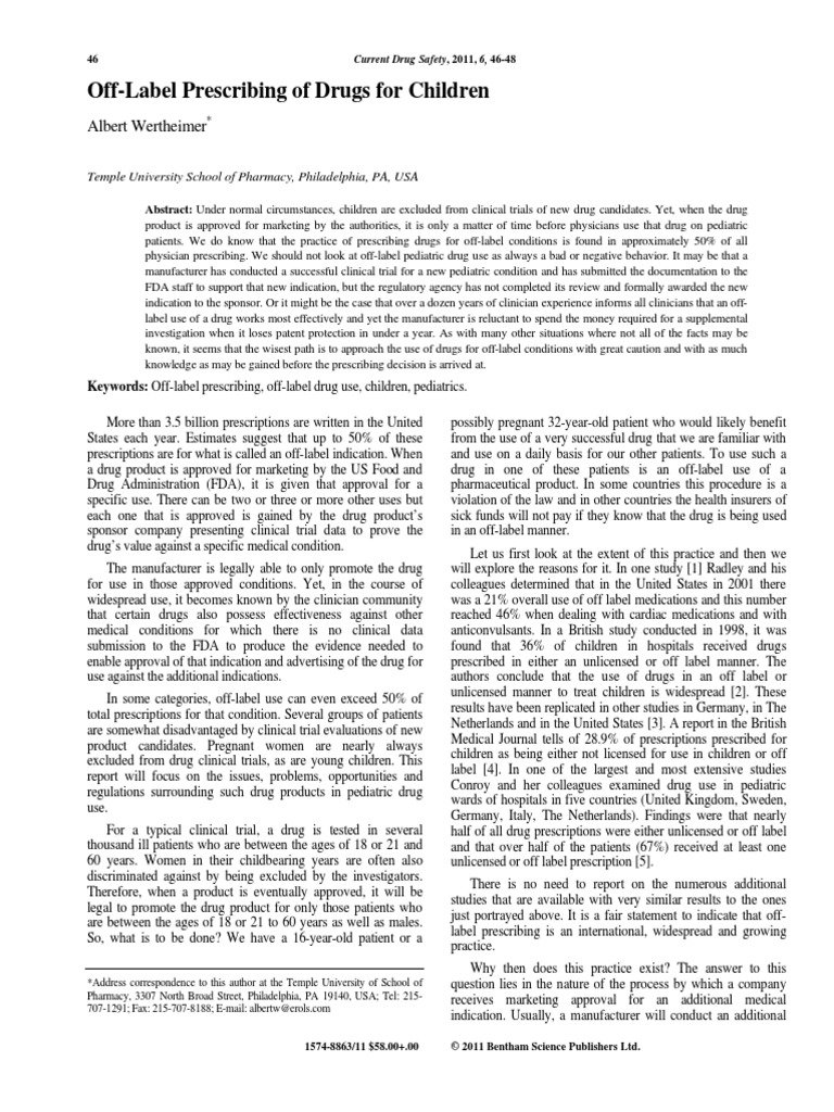 Off-Label Prescribing of Drugs For Children: Albert Wertheimer | PDF ...