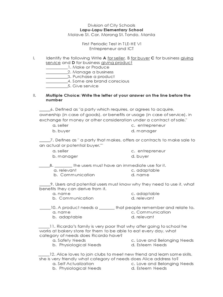 HELE 6 1st Quarter Exam | Download Free PDF | Sales | Communication