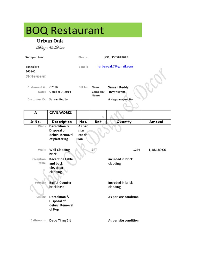 BOQ Restaurant PDF | PDF | Wall | Architectural Elements