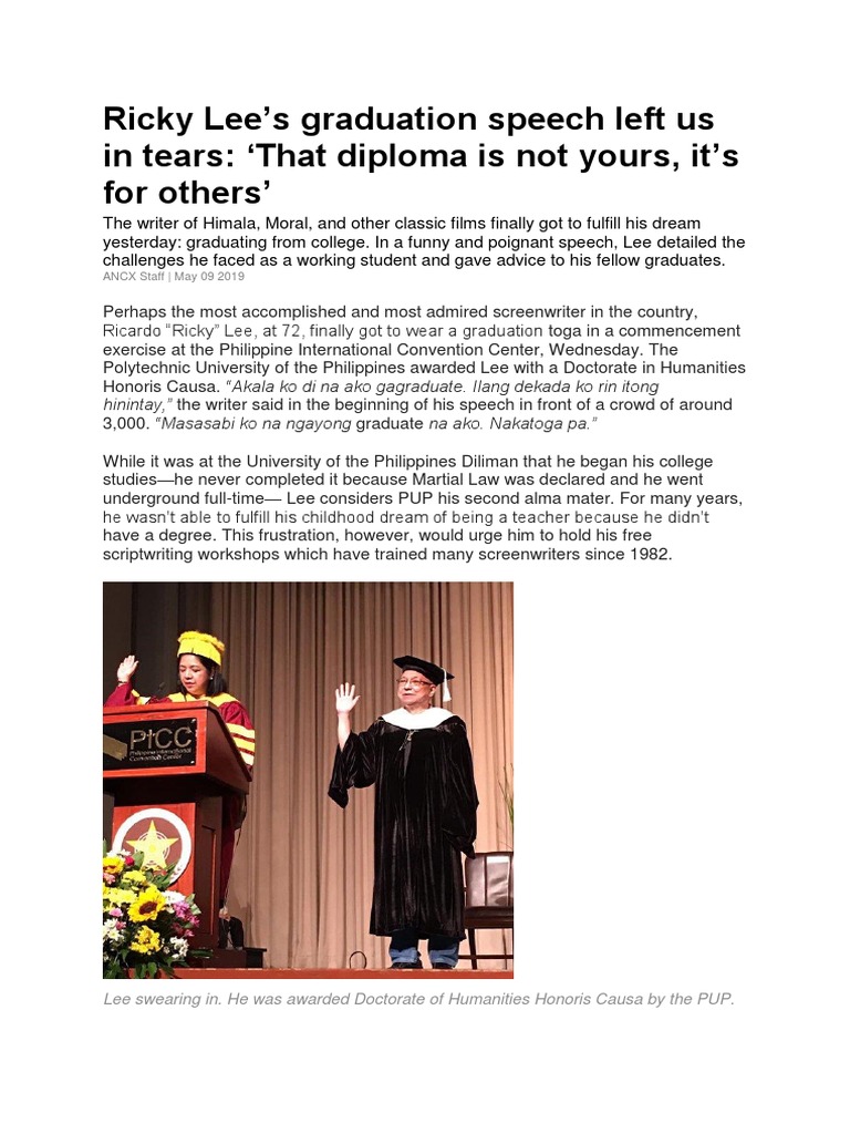 Ricky Lee's Inspiring Graduation Speech | PDF | Academia