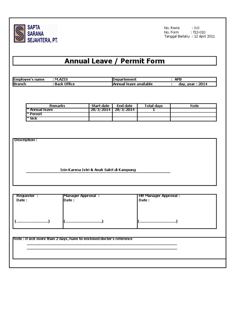 Annual Leave / Permit Form: No. Revisi: 0.0 No. Form: f12-010 Tanggal ...