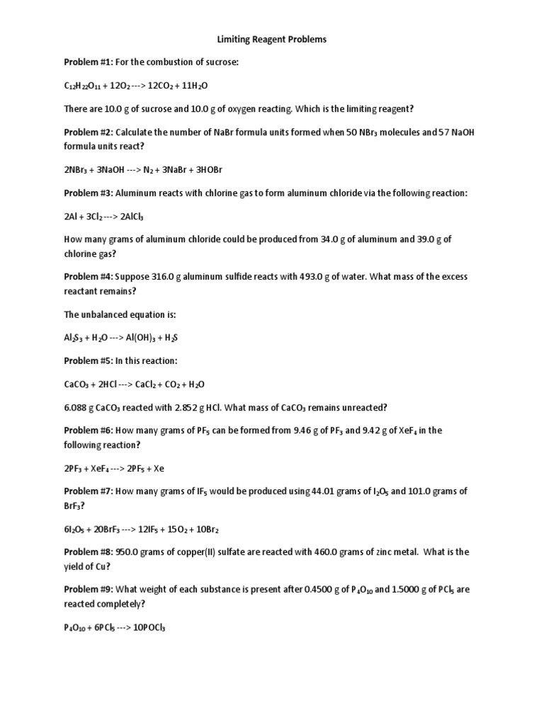 Limiting Reagent Problems | PDF | Mole (Unit) | Chemical Elements