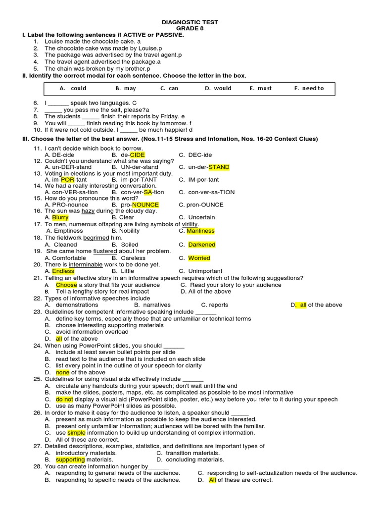 Grade 8 Diagnostic Test: Active vs. Passive | PDF | Linguistics ...