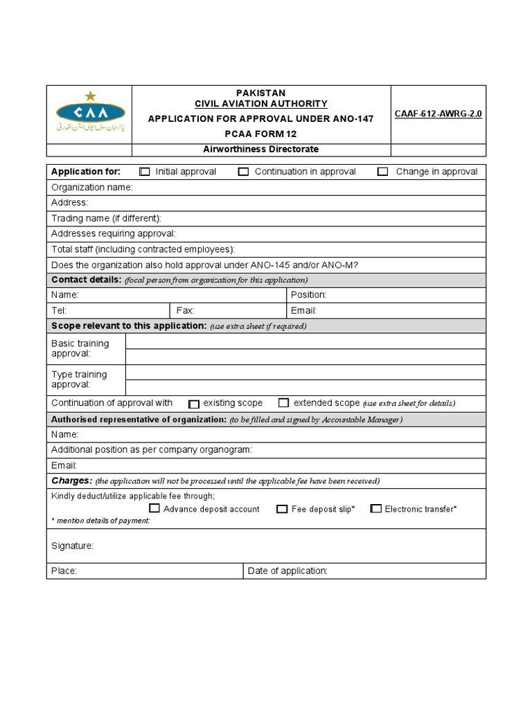 Pakistan Civil Aviation Authority Application For Approval Under Ano ...