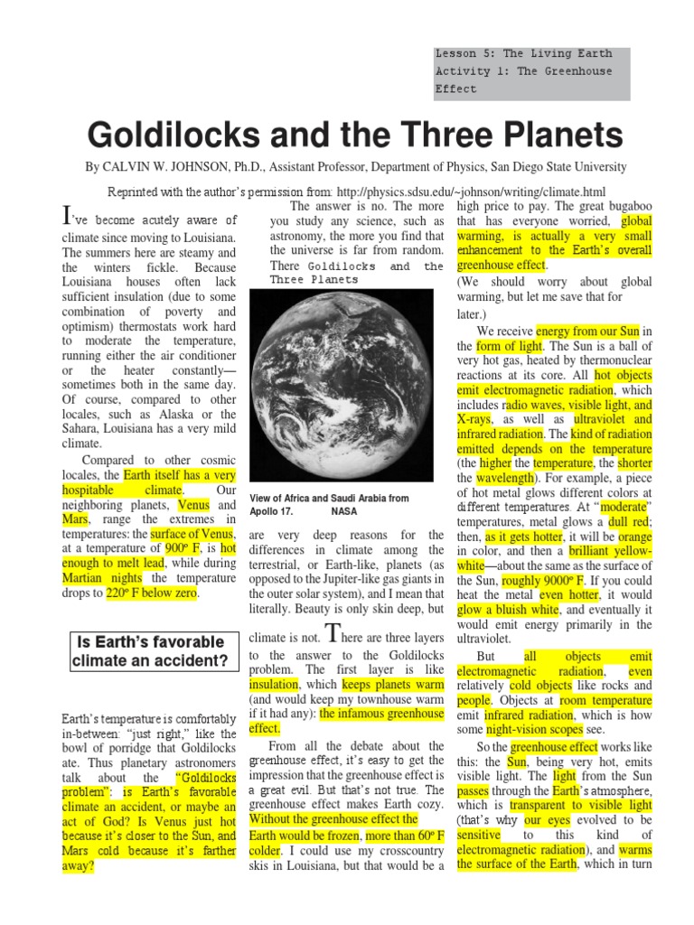 Goldilocks and The Three Planets: Is Earth's Favorable Climate An ...