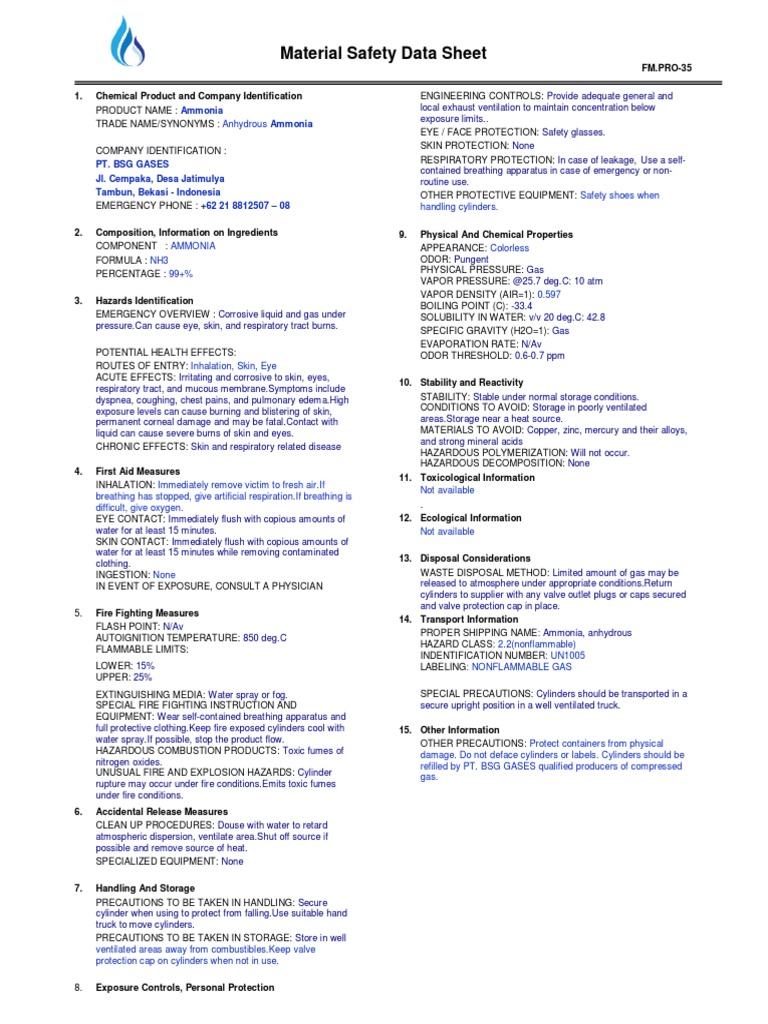Material Safety Data Sheet: Ammonia | PDF | Breathing | Firefighting