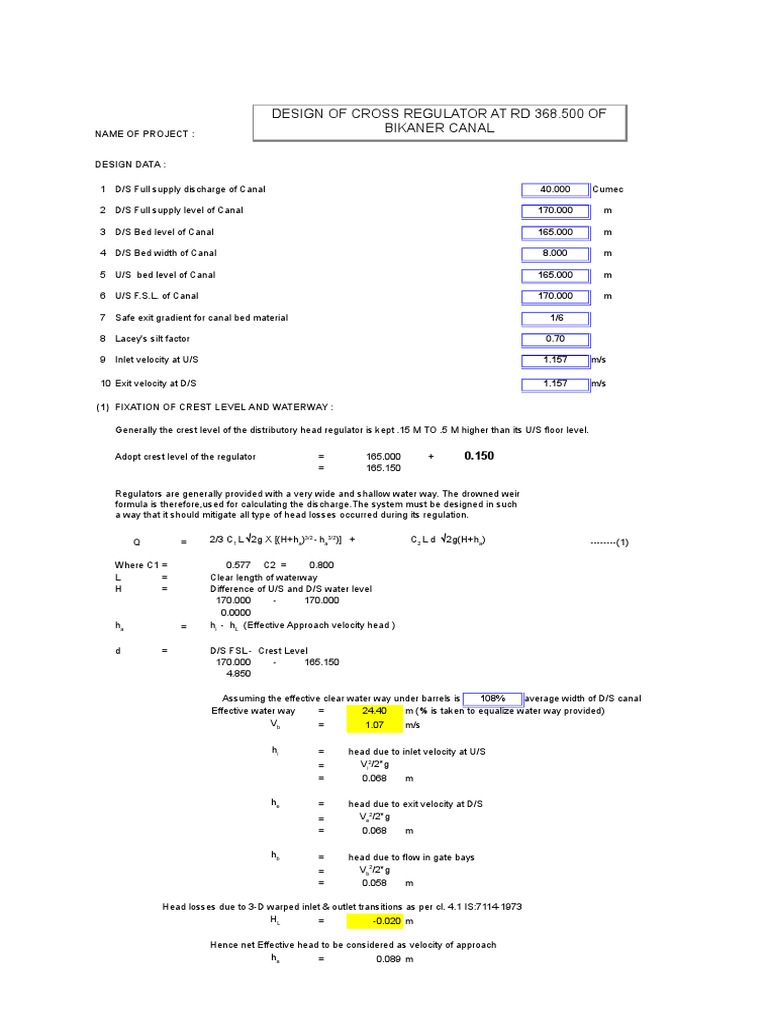 Design of Cross Regulator at RD 368.500 of Bikaner Canal | PDF ...