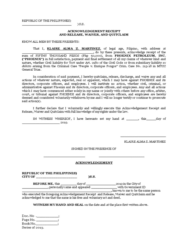 Acknowledgment Receipt and Waiver Form | PDF | Waiver | Public Law