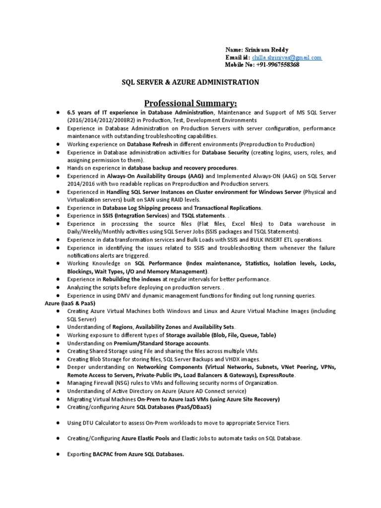 Professional Summary:: SQL Server & Azure Administration | PDF ...