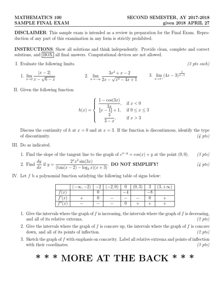 Math 100 Finals Samplex - UP DIliman | PDF | Integral | Mathematical Analysis