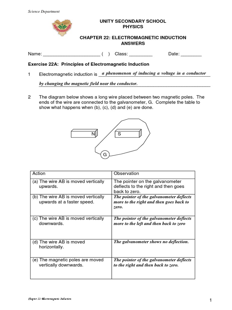 Unity Secondary School Physics Chapter 22: Electromagnetic Induction Answers | PDF | Inductor ...