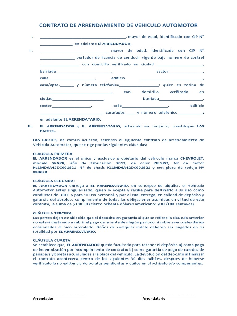 Contrato De Arrendamiento De Vehículo Automotor Pdf Alquiler