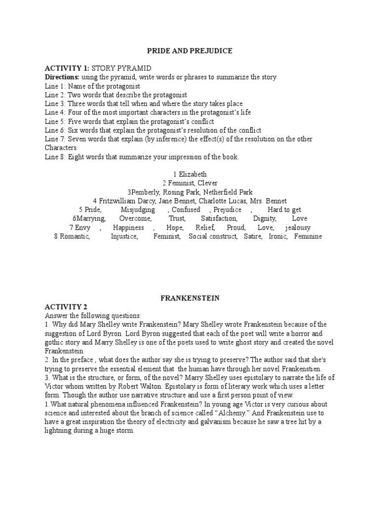 Pride and Prejudice Activity 1: Story Pyramid Directions: Using The ...