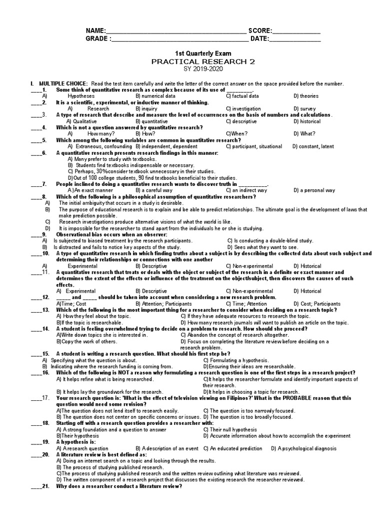 Practical Research 2 1st Sem 1stquarterdocx | PDF | Quantitative ...