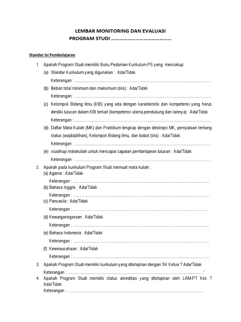 LEMBAR Monev Standar Isi Pembelajaran | PDF