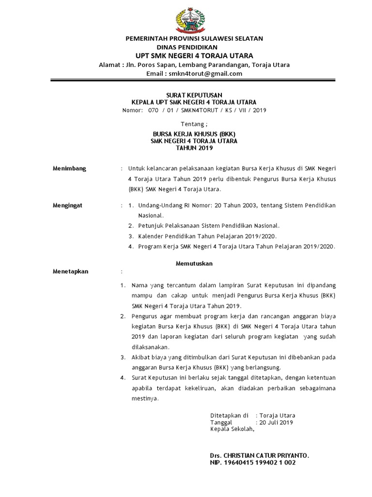 Surat Keputusan BKK SMK 4 Toraja Utara 2019 | PDF