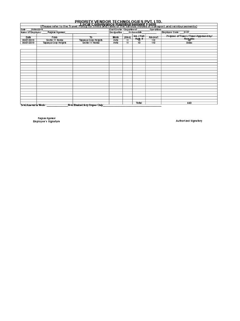 Priority Vendor Technologies Pvt. Ltd. Local Conveyance Reimbursement ...