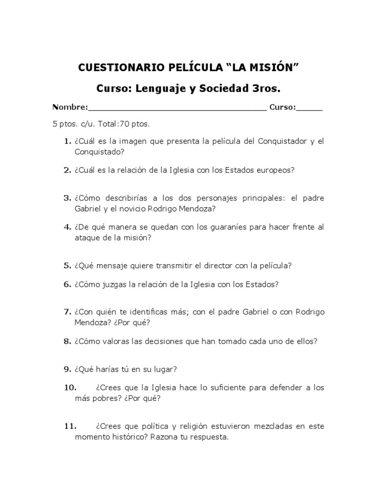 Cuestionario Pelicula La Mision | PDF