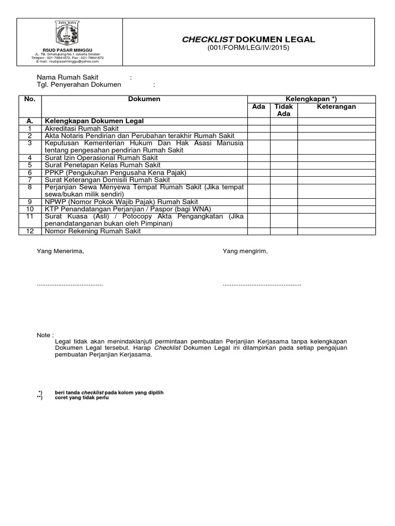 Checklist Dokumen Legal MOU Rumah Sakit | PDF