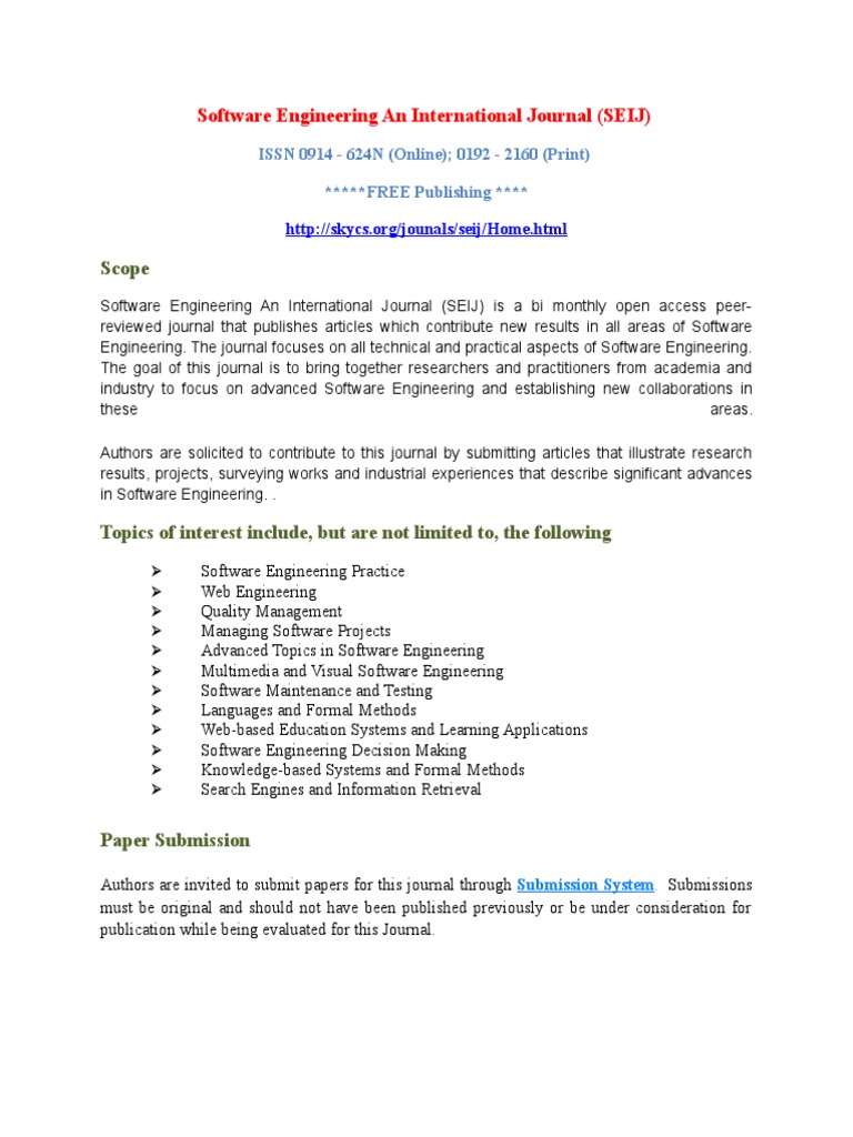 Software Engineering An International Journal (SEIJ) : Scope | PDF ...