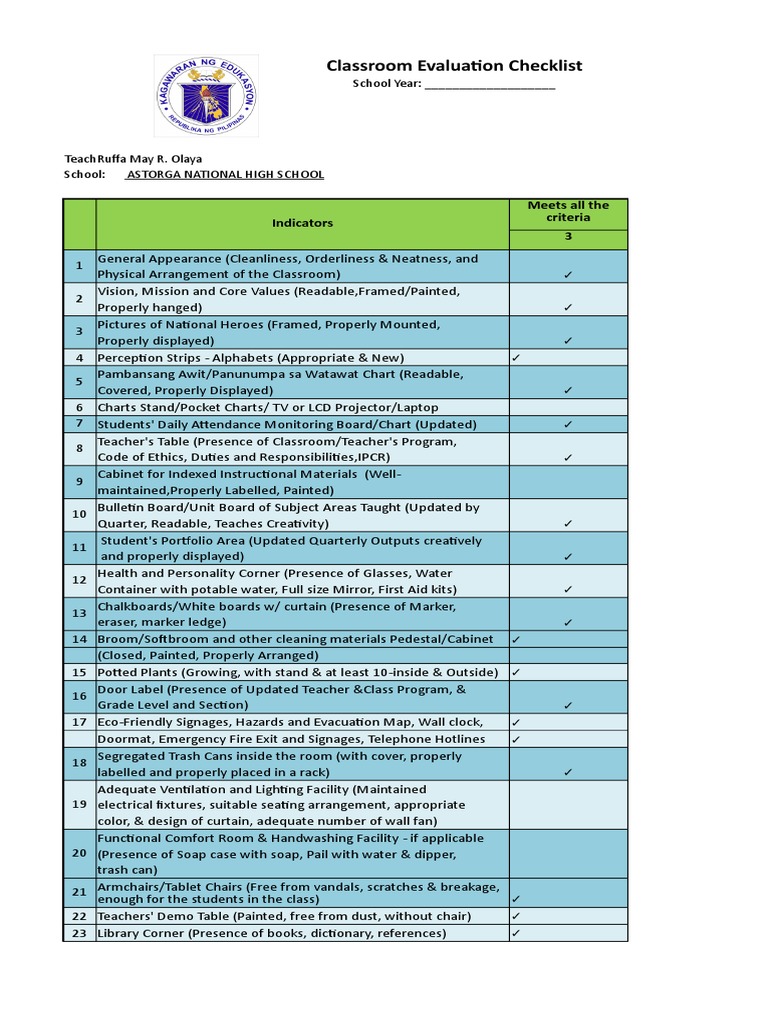Classroom Evaluation Checklist | Classroom | Nature