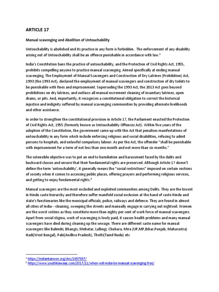 Article 17: Manual Scavenging and Abolition of Untouchability | PDF ...